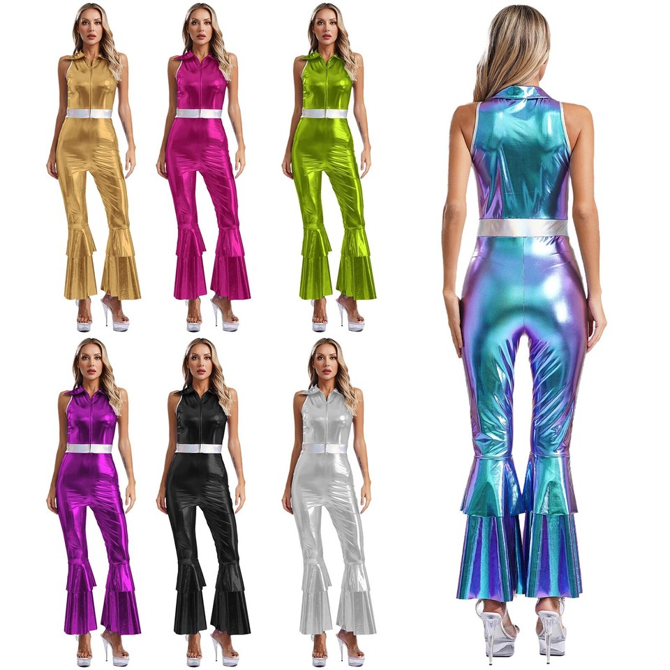 UK Womens 70s Disco Costume Shiny Romper Metallic Disco Sleeveless ...
