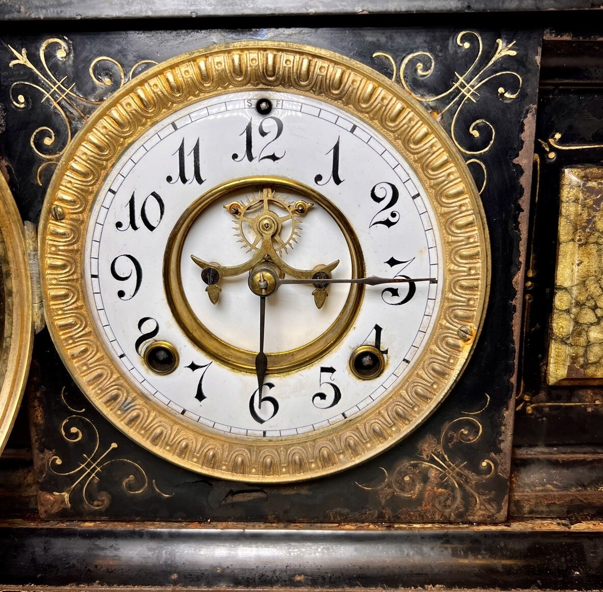 Antique 1881 Pat. Ansonia Black Gilt Cast Iron Mantle Clock Marble 15 X ...