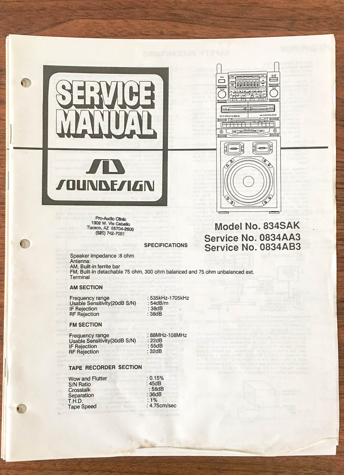 SoundDesign Sound Design Model 834SAK 834AA3 834AB3 Service Manual ...