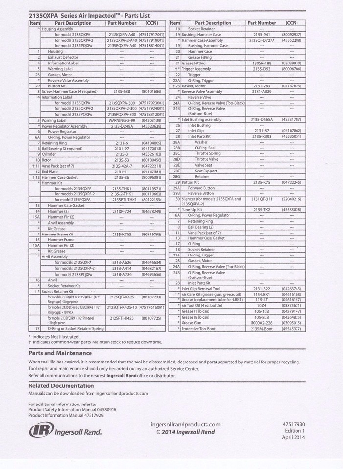 2135 TK2 INGERSOLL RAND 2135 TK2 TUNE UP KIT 2350XP, 2135TiMAX, MATCO ...
