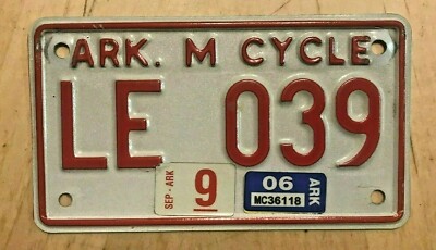 2006 ARKANSAS MOTORCYCLE CYCLE LICENSE PLATE " LE 039 " AR 06 | eBay