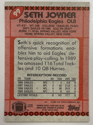 1990 NFL TOPPS SETH JOYNER FOOTBALL CARD #99 Philadelphia Eagles | eBay