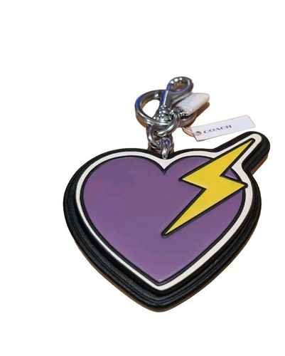 COACH Leather Bag Charm 3.5" Purple Heart Lightning Bolt CW474 Keychain ...