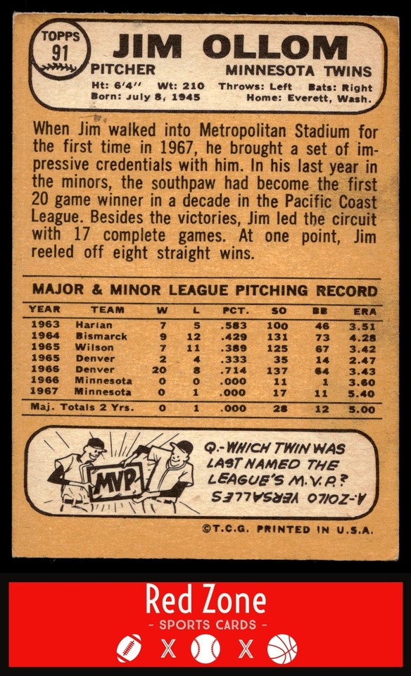 1968 Topps - #91 Jim Ollom EX | eBay