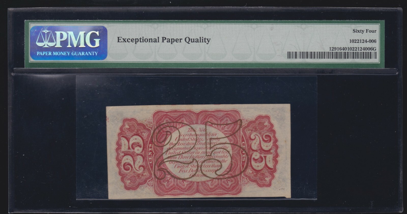US 25c Fractional Currency Note 3rd Issue Red Back FR 1291 PMG 64 EPQ V ...