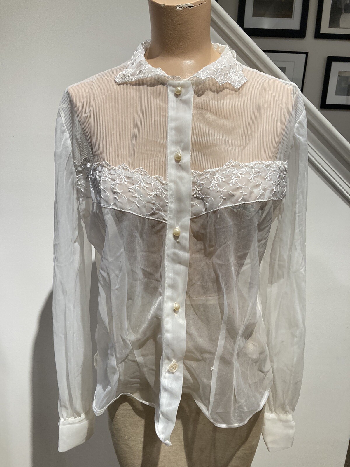 VTG 1950s SHEER SEE THROUGH WHITE NYLON PEARL BUTTON … - Gem