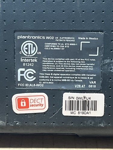 Plantronics W02 Intertek 81242 USB DECT 6.0 Wireless Bluetooth Headset ...