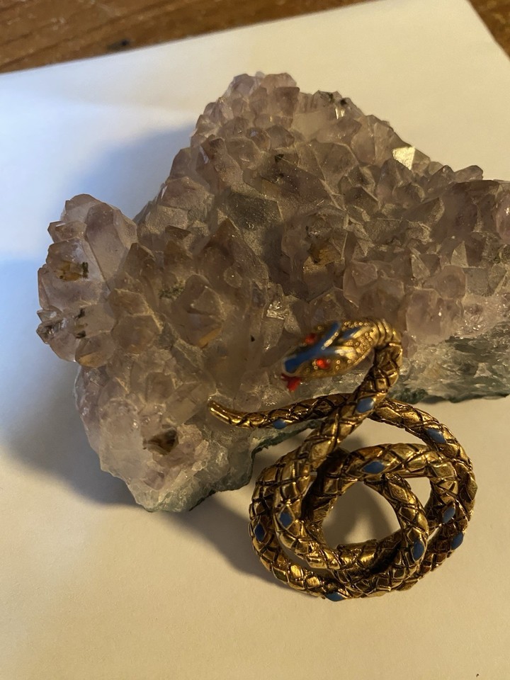 Vintage Signed Art Coiled Snake Brooch-red Eyes & Tongue-Blue Markings ...