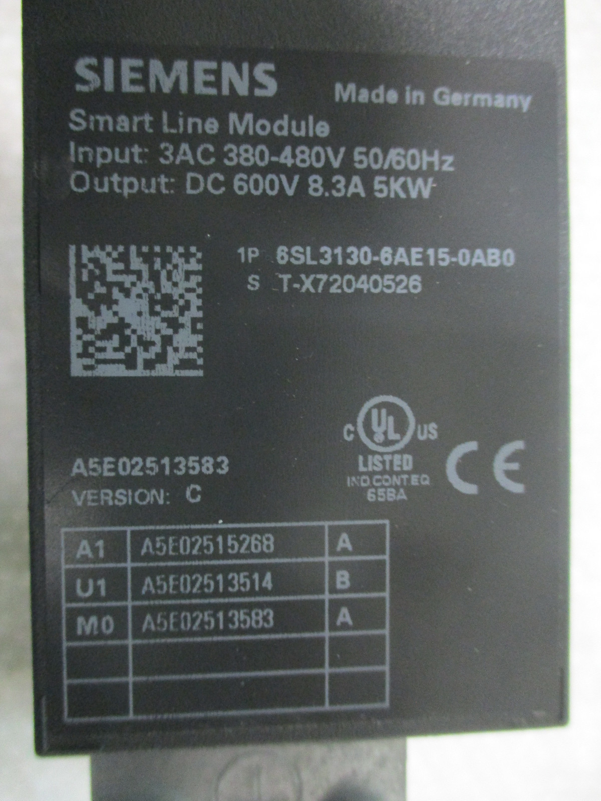 Siemens 6SL3130-6AE15-0AB0 Sinamics Smart Line Module 600VDC 5KW Ver C ...