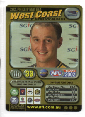 2002 AFL TEAMCOACH GOLD PARALLEL CARD - 282 Phillip MATERA (WEST COAST ...