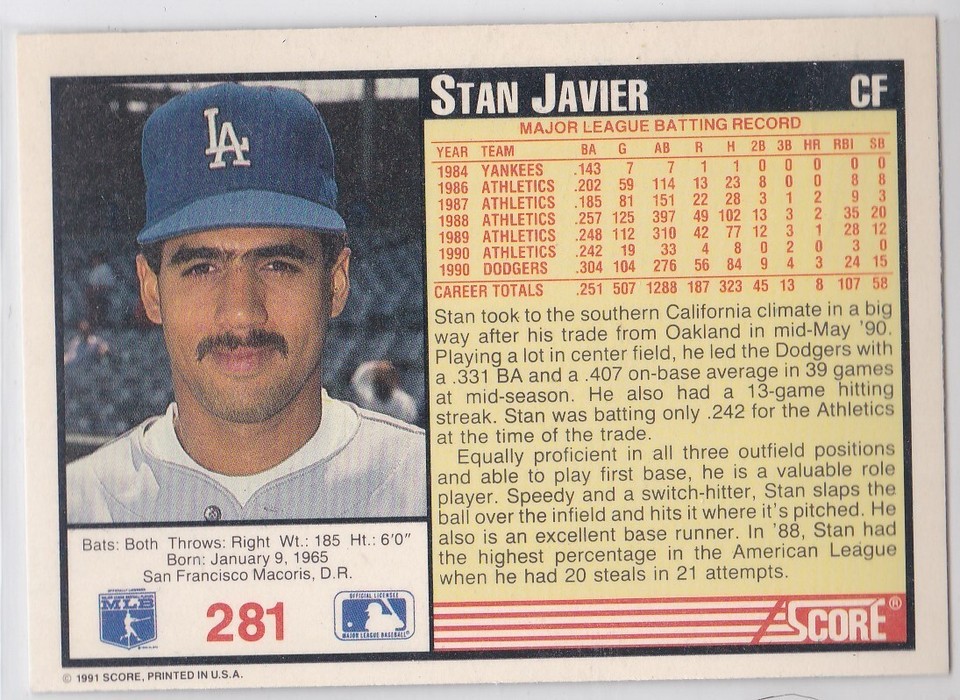 M) 1991 Score Baseball Trading Card - Stan Javier #281 | eBay