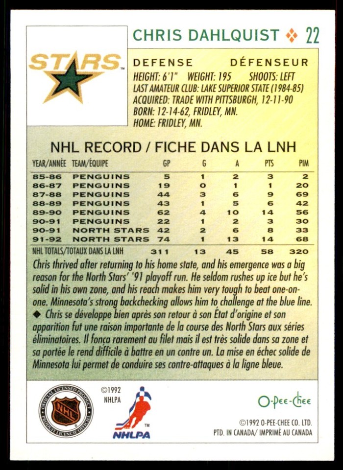 1992-93 O-Pee-Chee Chris Dahlquist . Minnesota North Stars #22 | eBay