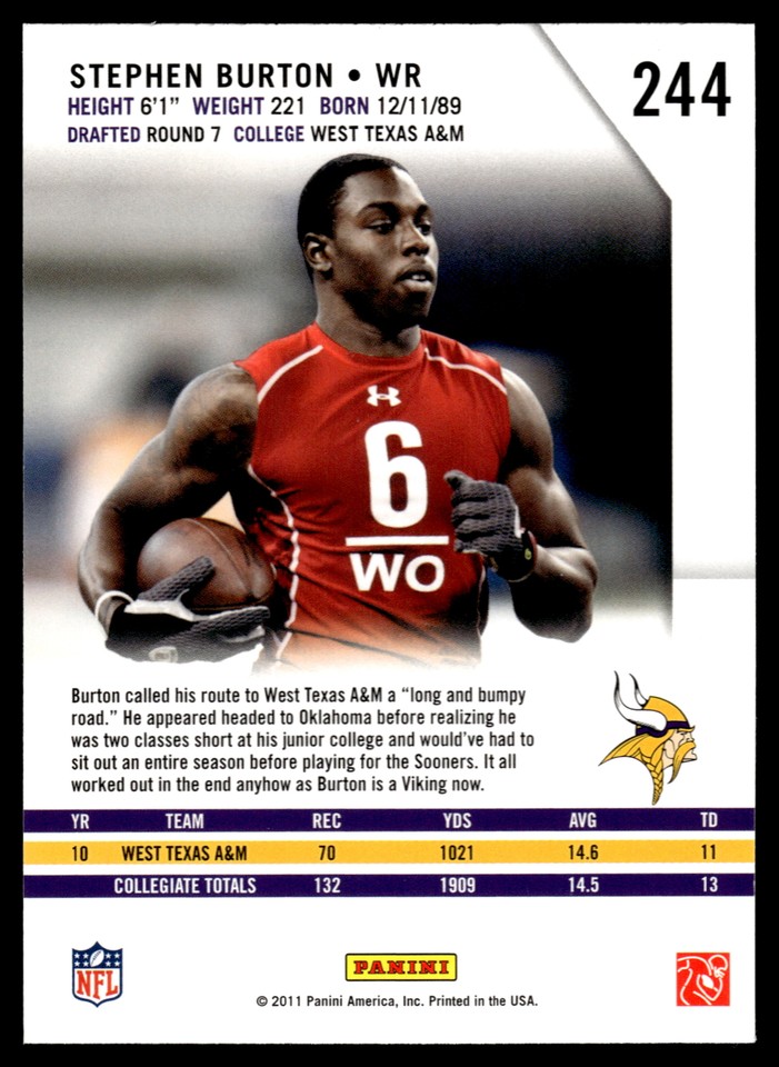 2011 Panini Rookies & Stars #244 Stephen Burton Rookie Minnesota ...