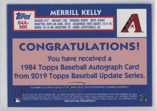 2019 Update 1984 Topps Baseball Gold /50 Merrill Kelly #84A-MK Rookie ...