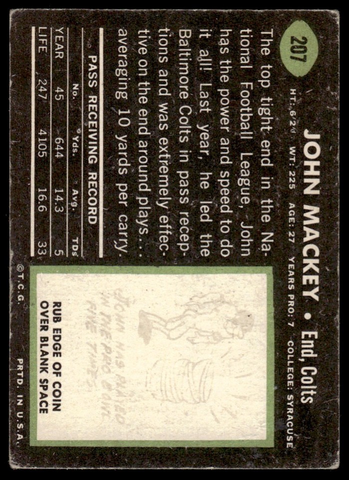 1969 Topps John Mackey ^ Baltimore Colts #207 | eBay