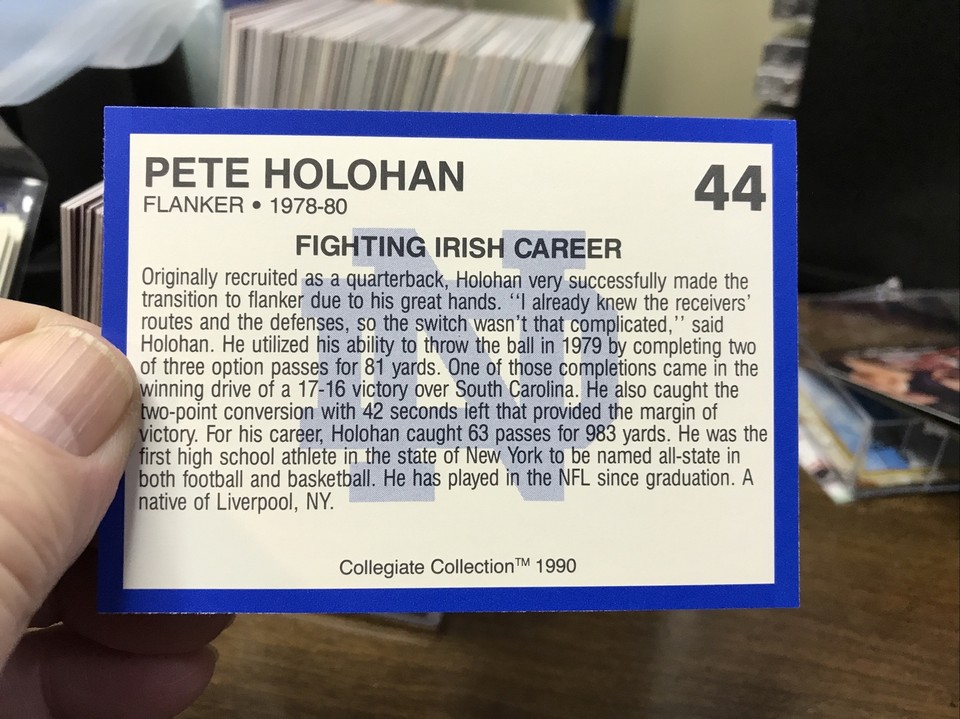 PETE HOLOHAN 1990 Collegiate Collections Notre Dame Football Card # 44 ...