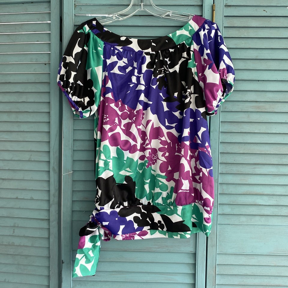 Apostrophe Woman Blouse Shirt ~ Sz L ~ Purple & Green ~ Short Sleeve | eBay