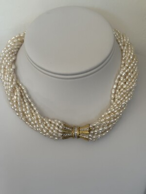 VINTAGE ESTATE 14K 585 GOLD MASSIVE DIAMOND CLASP PEARL NECKLACE | eBay