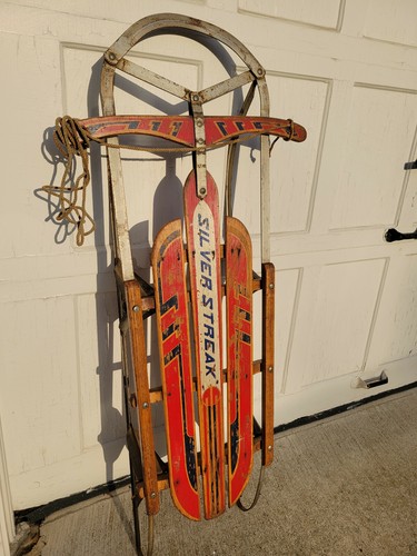Vtg. 50's "Silver Streak" Wooden Snow sled USA-made by Garton, All ...