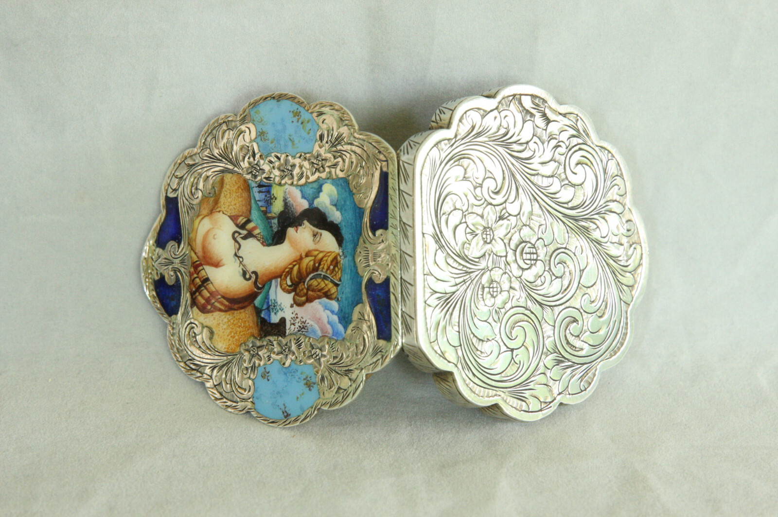 VINTAGE 800 SILVER ENAMEL FAUX LAPIS & TURQ. NUDE SNAKE LADY PORTRAIT ...