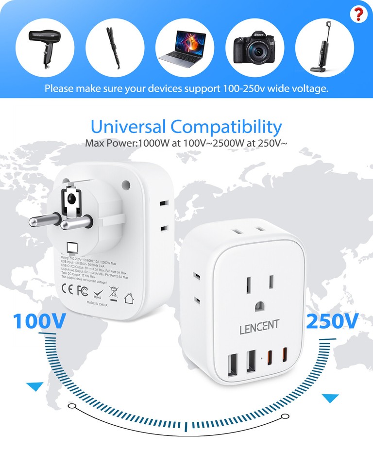 LENCENT US to EU Euro Europe Travel Plug Adapter Converter w/ Outlet ...