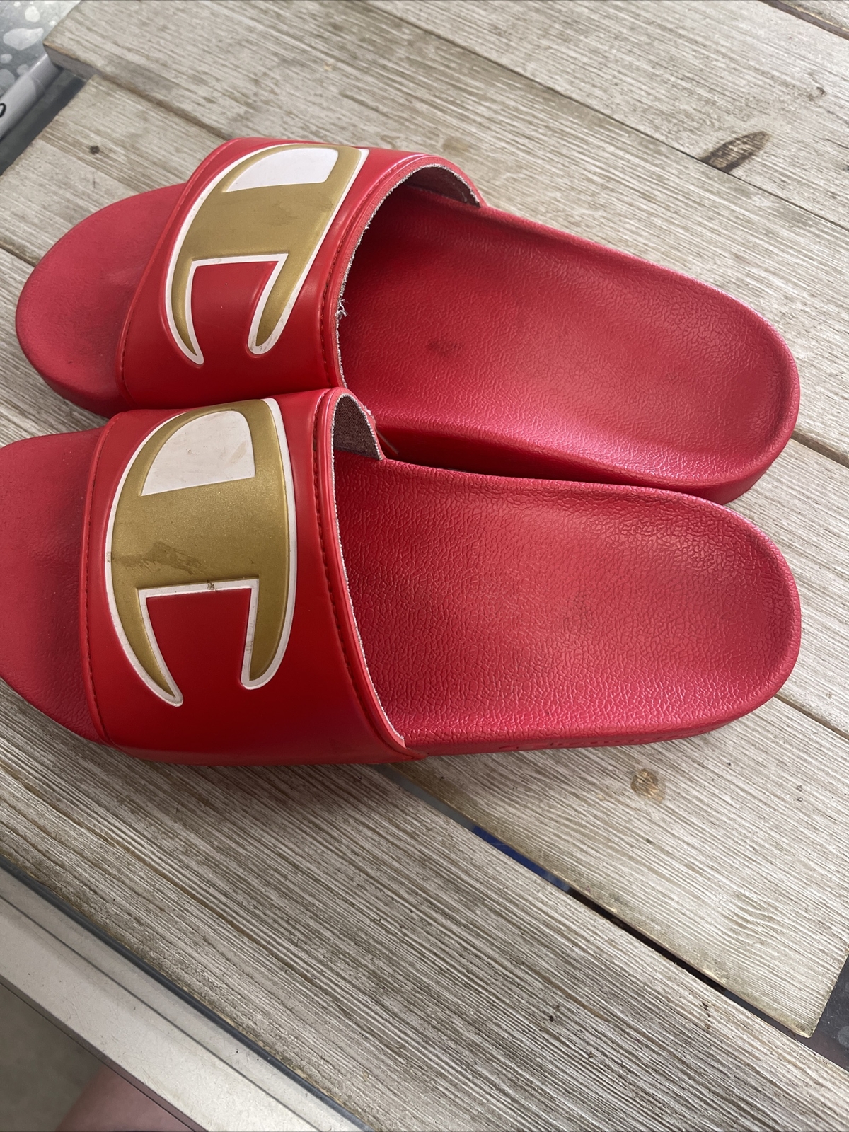 Womens Red And Gold Champion Slides Sz 8w - Gem