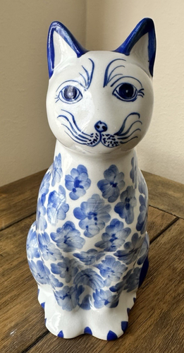 Vintage Ceramic Cat Hand Painted Blue, White Floral Cat Tall French ...