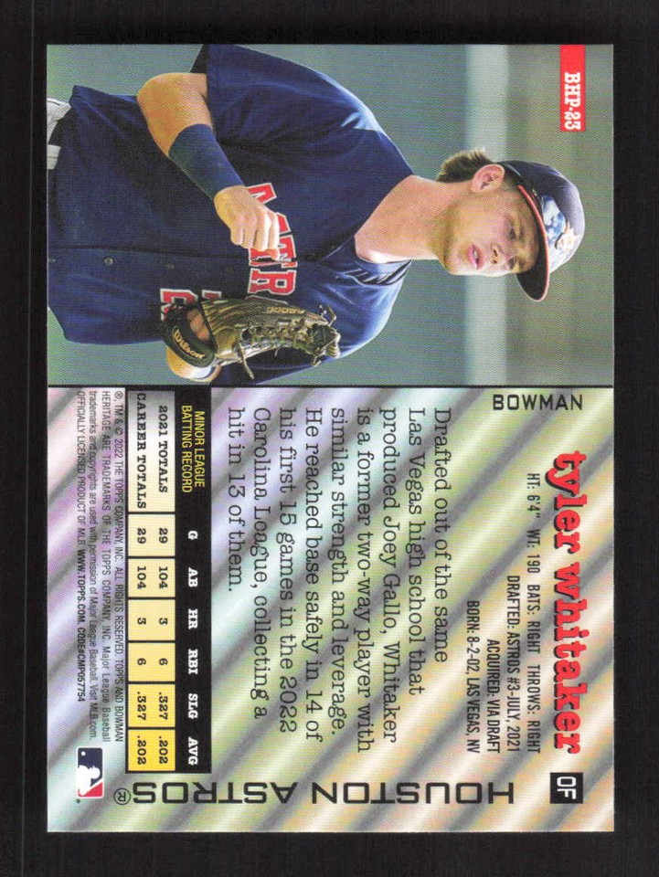 Tyler Whitaker 2022 Bowman Heritage Prospects Houston Astros #BHP-23 | eBay