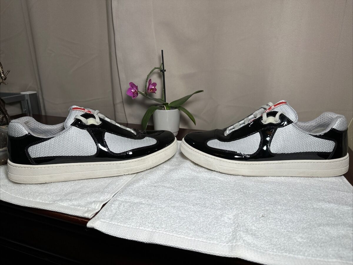 Prada Mens Patent Leather & Mesh Sneakers 4E3166 Black Grey Prada Mens Patent Leather & Mesh Sneakers 4E3166 Black Grey