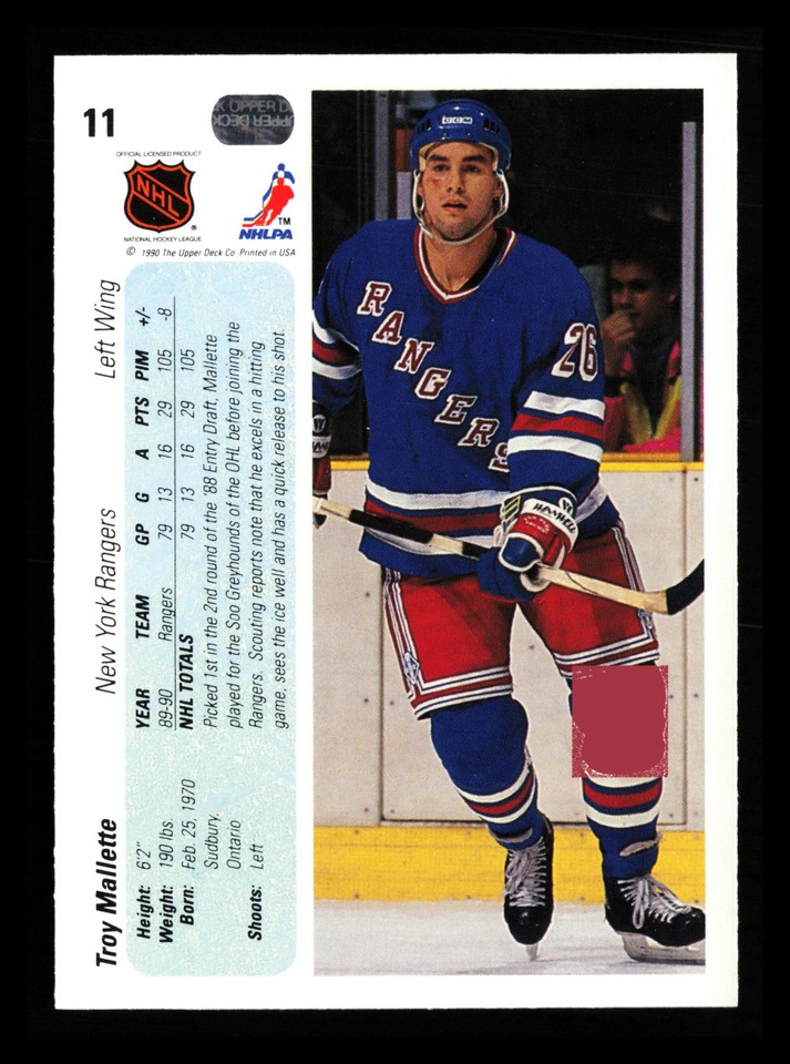Troy Mallette 1990-91 Upper Deck Hockey NHL #11b New York Rangers | eBay