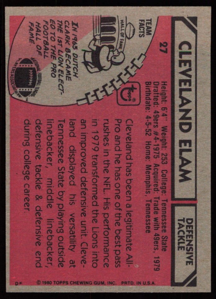 1980 Topps Cleveland Elam Detroit Lions #27 | eBay