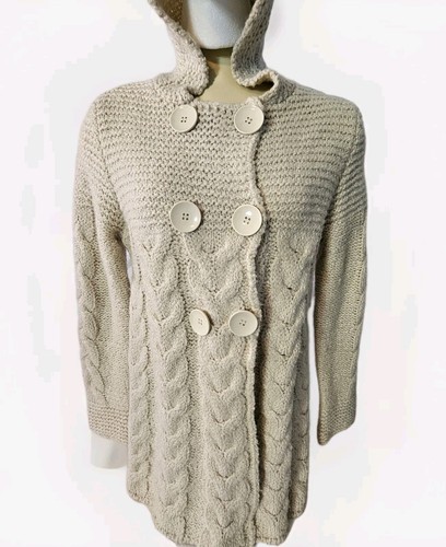 BCBG Maxasria Hooded Cardigan Med Beige Sweater Big Button Snap Heavy ...