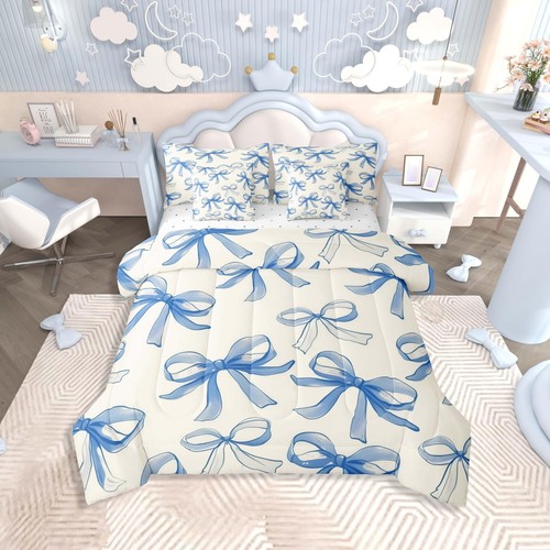 Blue Bow Comforter Set with Sheets Cute Bowknot Bed in a Bag for Boys ...