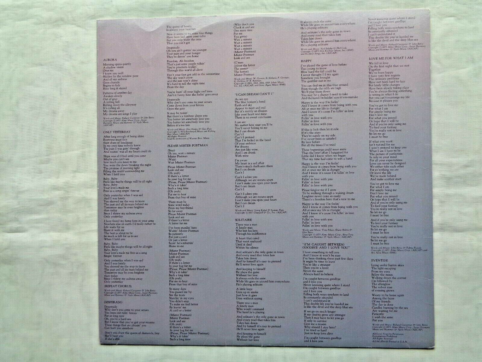 Carpenters Horizon 1975 A&M SP-4530 Envelope Cover Terre Haute T-2/T-1 ...