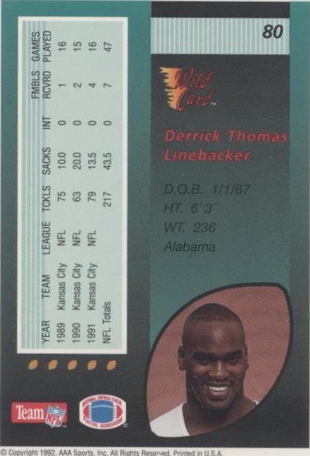 1992 Wild Card Derrick Thomas #80 for sale | eBay