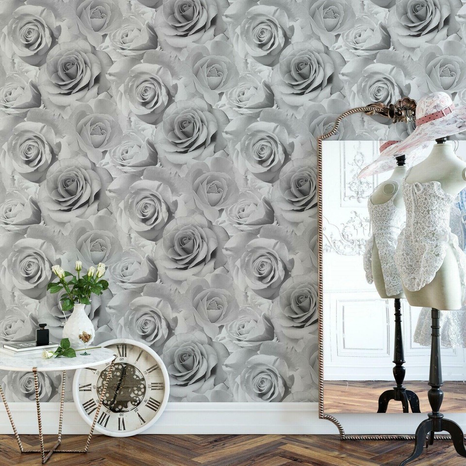 Muriva Bella Grey Flower Wall Rose Bloom 3D Effect Floral Designer ...