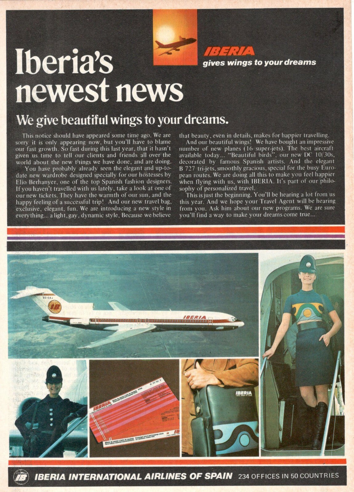 Iberia Airlines Of Spain Hostess Advertisement 1 Page 1973 | eBay