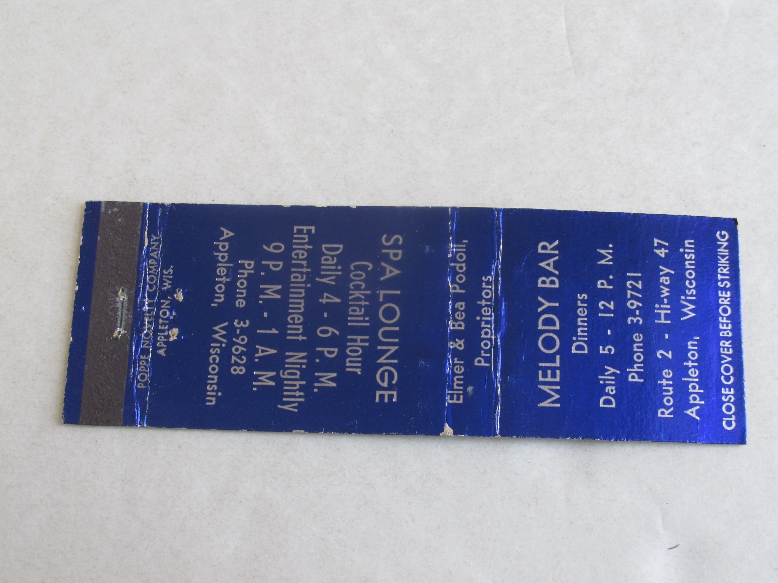 U168 Vintage Matchbook Cover WI Wisconsin Melody Bar Appleton | eBay