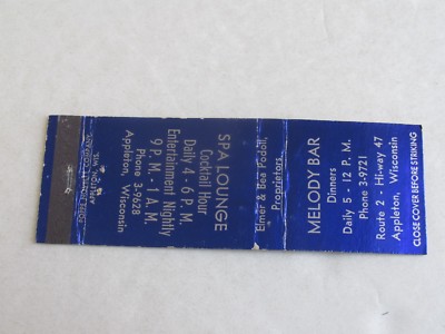 U168 Vintage Matchbook Cover WI Wisconsin Melody Bar Appleton | eBay