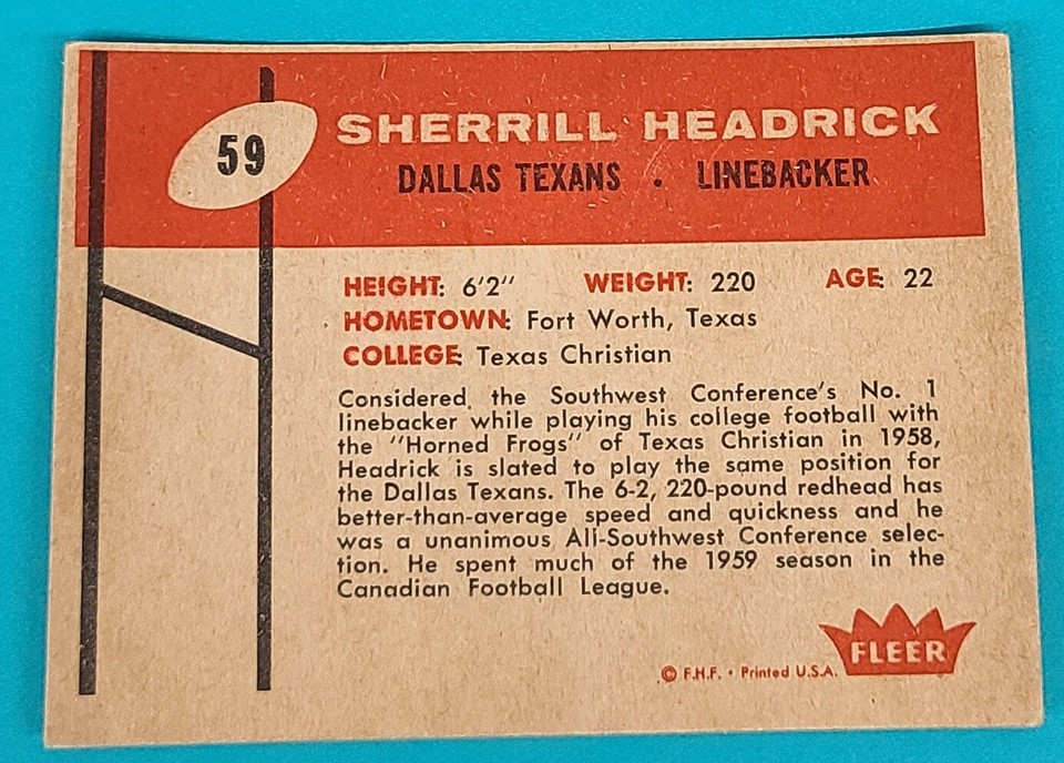 1960 Fleer RC #59 Sherrill Headrick Dallas Texans Football Card G5 | eBay