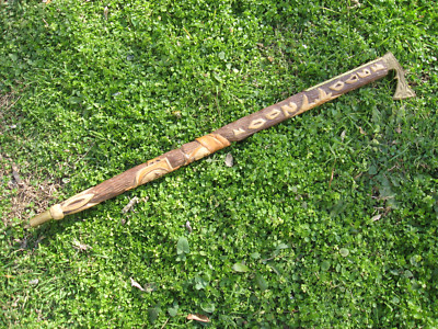 VTG OLD HAND CARVED FOLK ART WOODEN WALKING STICK CANE TOMAHAWK BRASS ...
