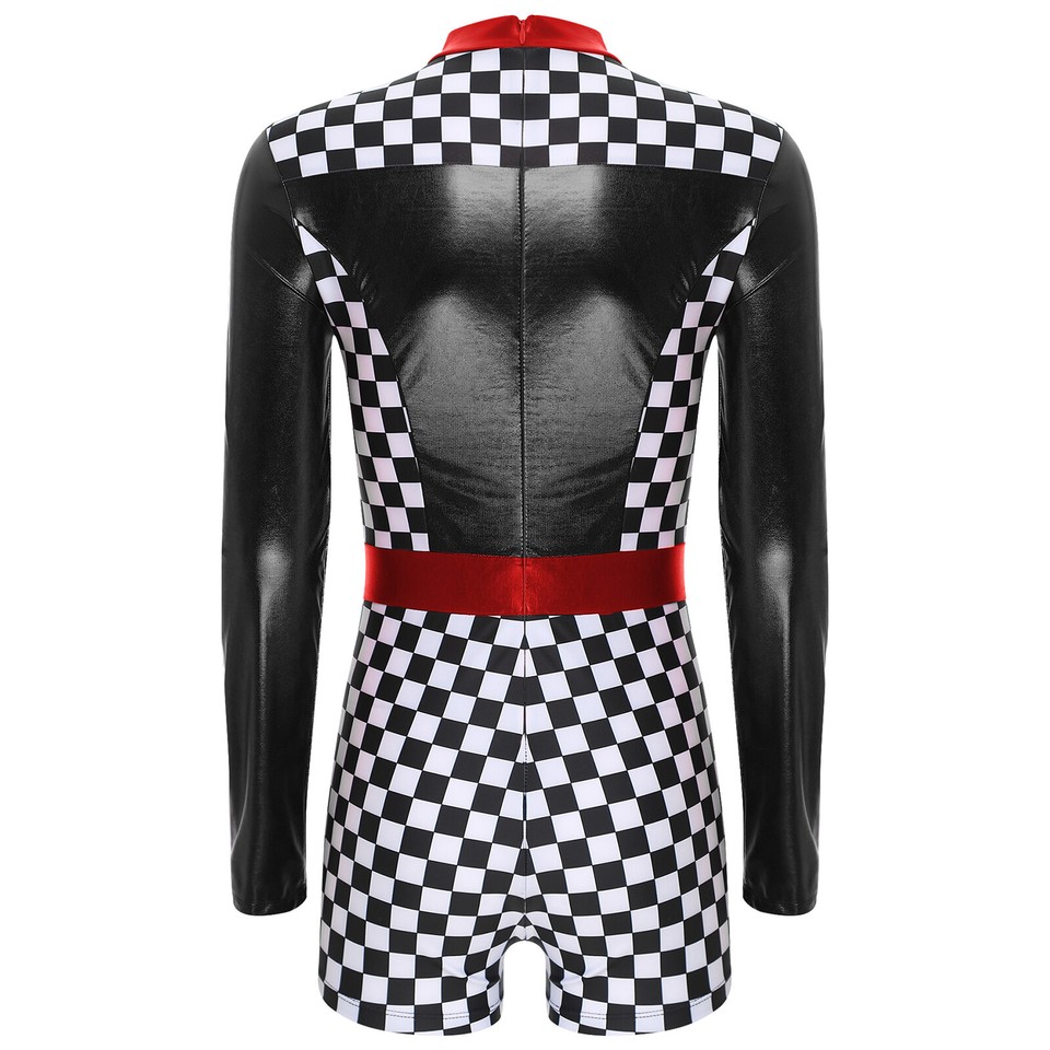 Womens Race Car Driver Checkerboard Bodysuit One Piece Leotard Jumpsuit ...