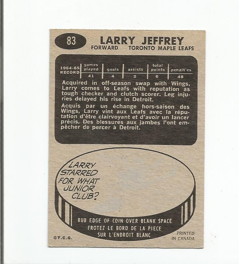 1965-66 LARRY JEFFREY TOPPS HOCKEY CARD #83 "BEAUTY" | eBay