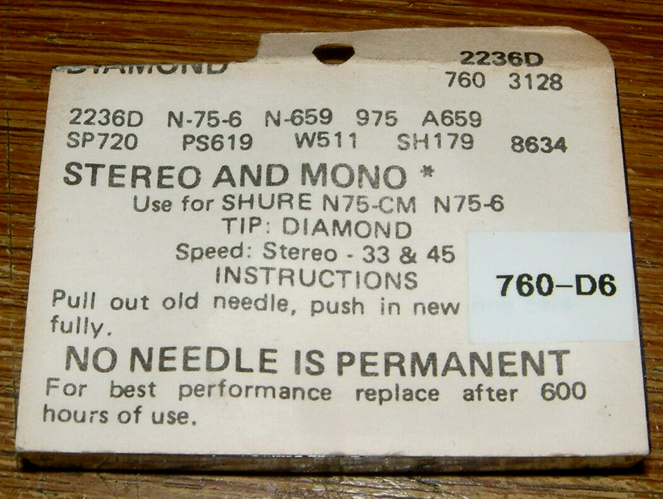Stereo NEEDLE 760-D6 for SHURE M75-6 M75 M75-G M71, W511STD, N659-6d ...