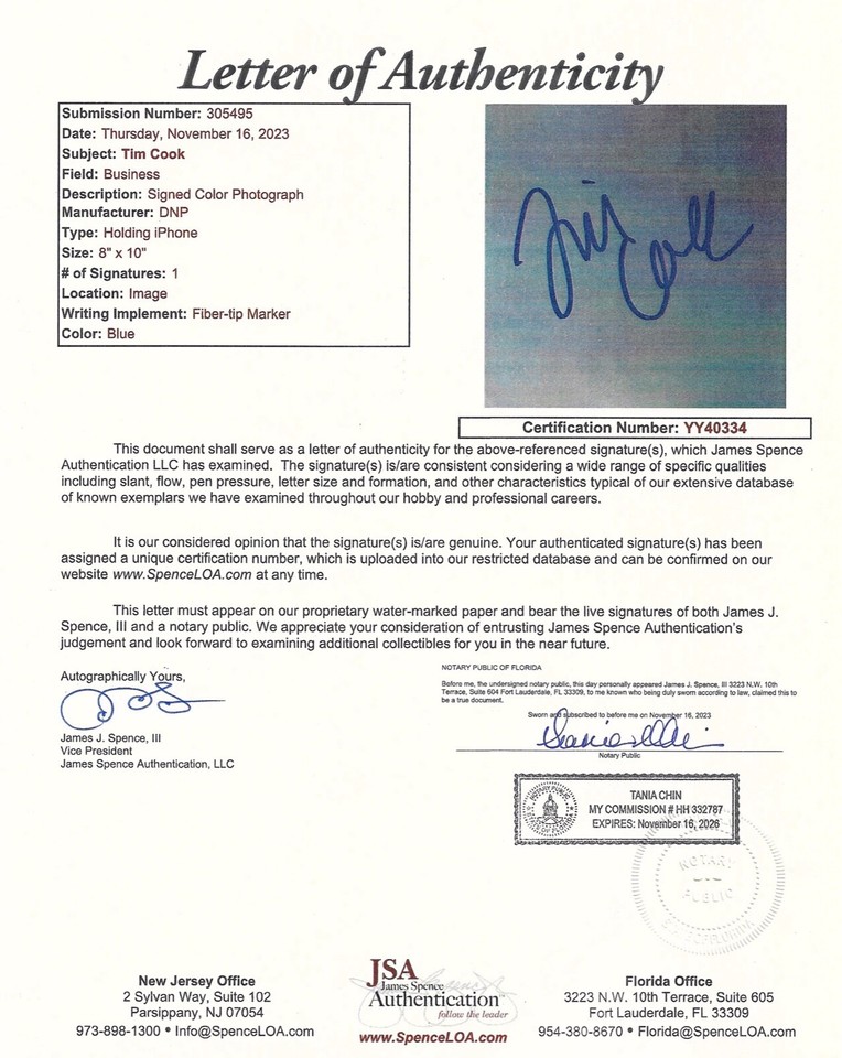 Tim Cook Signed 8x10 Photo JSA LOA Apple CEO Autograph Auto | eBay