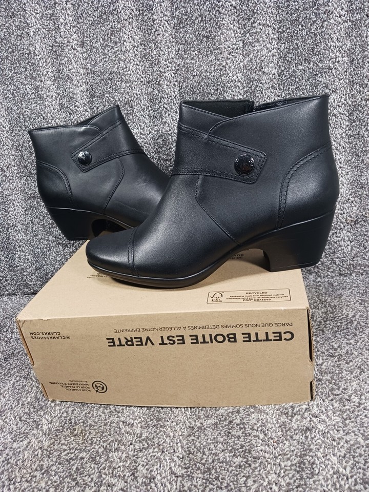 New Clarks "Emily Calle" Sz 9 Black Leather Bootie Ankle Boot Womens ...