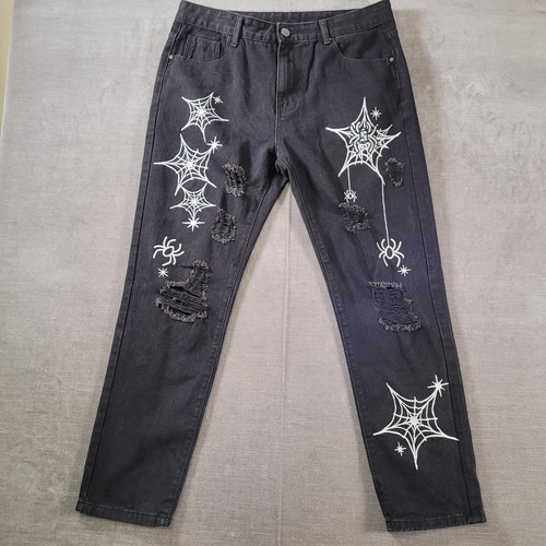 Black Faded Jeans Spider Web Print Distressed Halloween Grung Faded ...