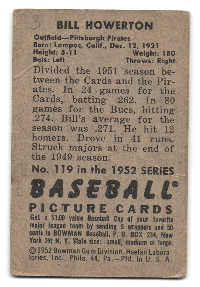 Bill Howerton 1952 Bowman Vintage Baseball Card #119 Pirates Low Grade ...