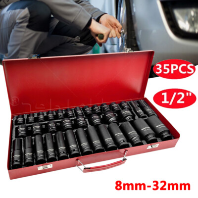 35pcs 1/2" Inch Deep Impact Socket Set Drive 8-32mm Metric Garage Sae 6 ...