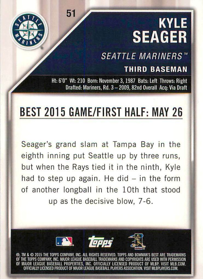 KYLE SEAGER 2015 Bowman's Best ROOKIE REFRACTOR RC #51 Mariners | eBay